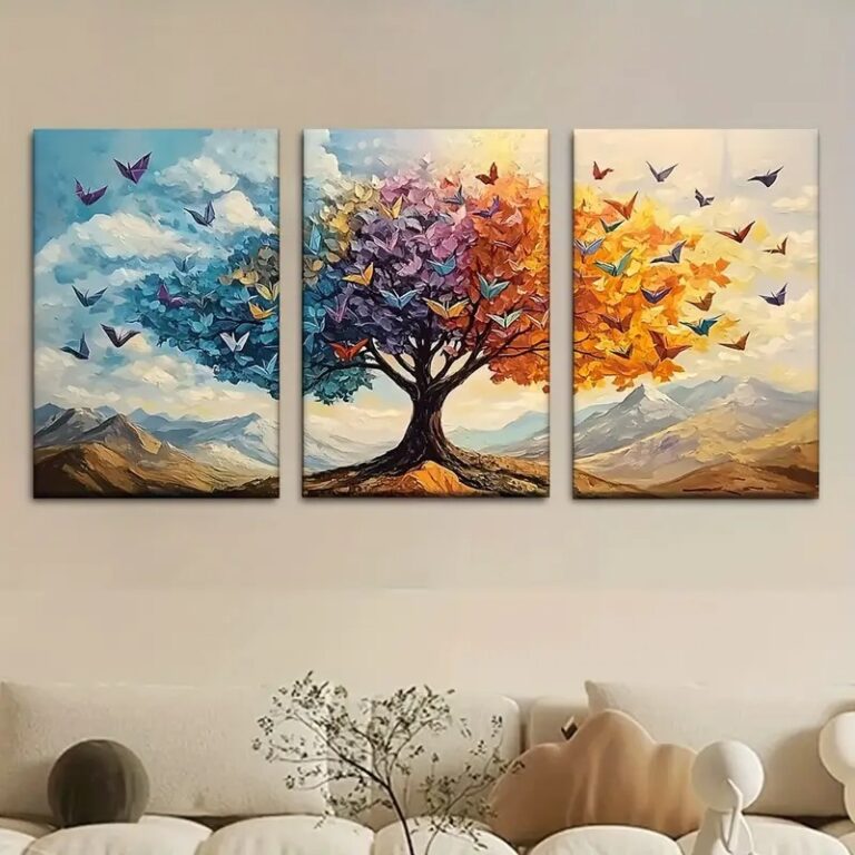 3 Piece Tree & Butterfly Wall Art – Wooden Sticky Tile Frames with Self ...